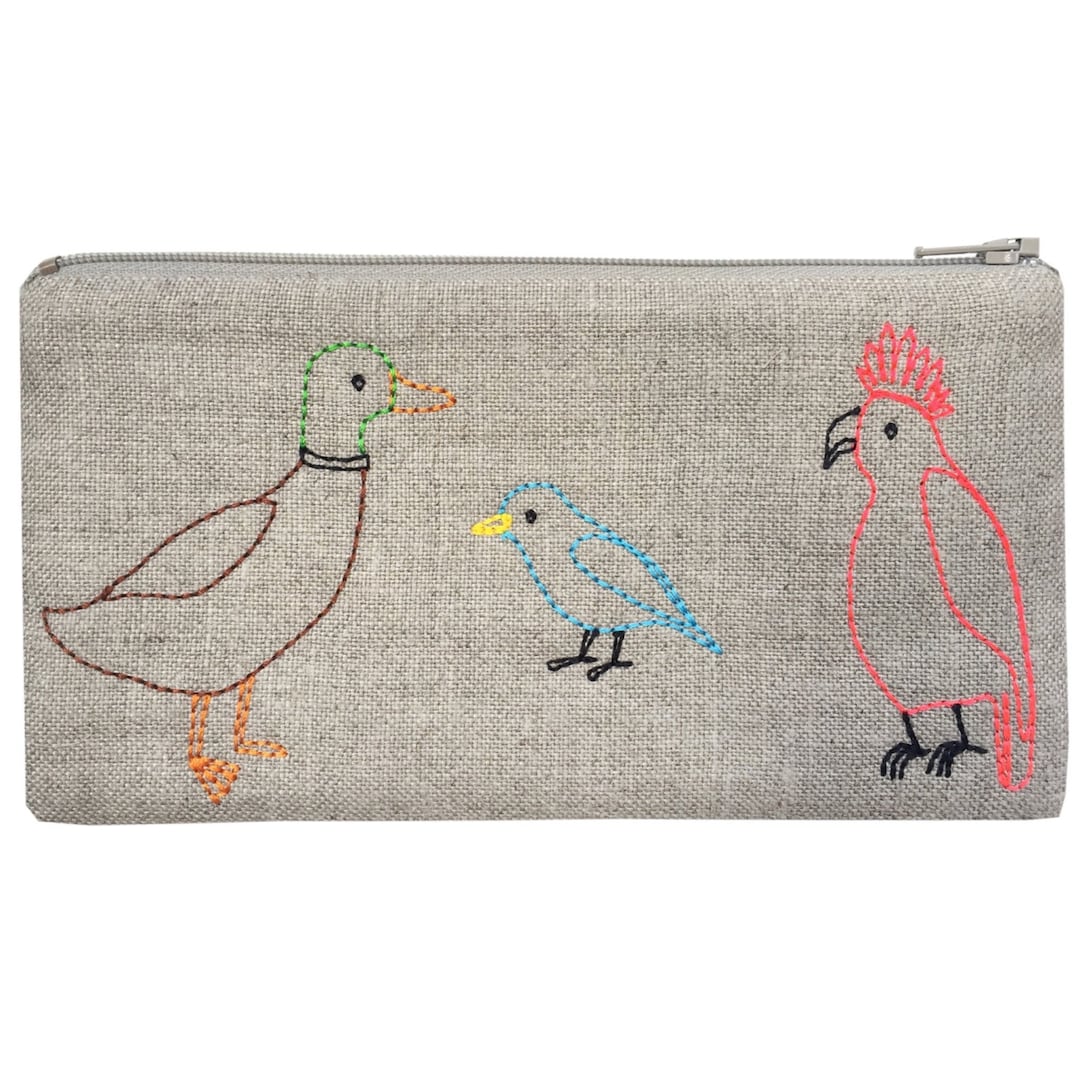 Birds Pouch, Embroidered Linen Zipper Pouch, Birds of the World ...