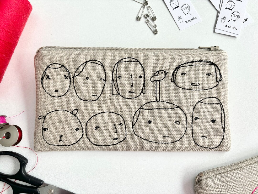 Faces Pouch, Embroidered Linen Zipper Pouch, Whimsical, Glasses Case ...