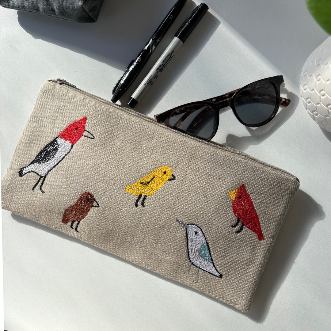 Birds Zipper Pouch, Embroidered Linen, Colorful, Birder Gift, Nuthatch ...