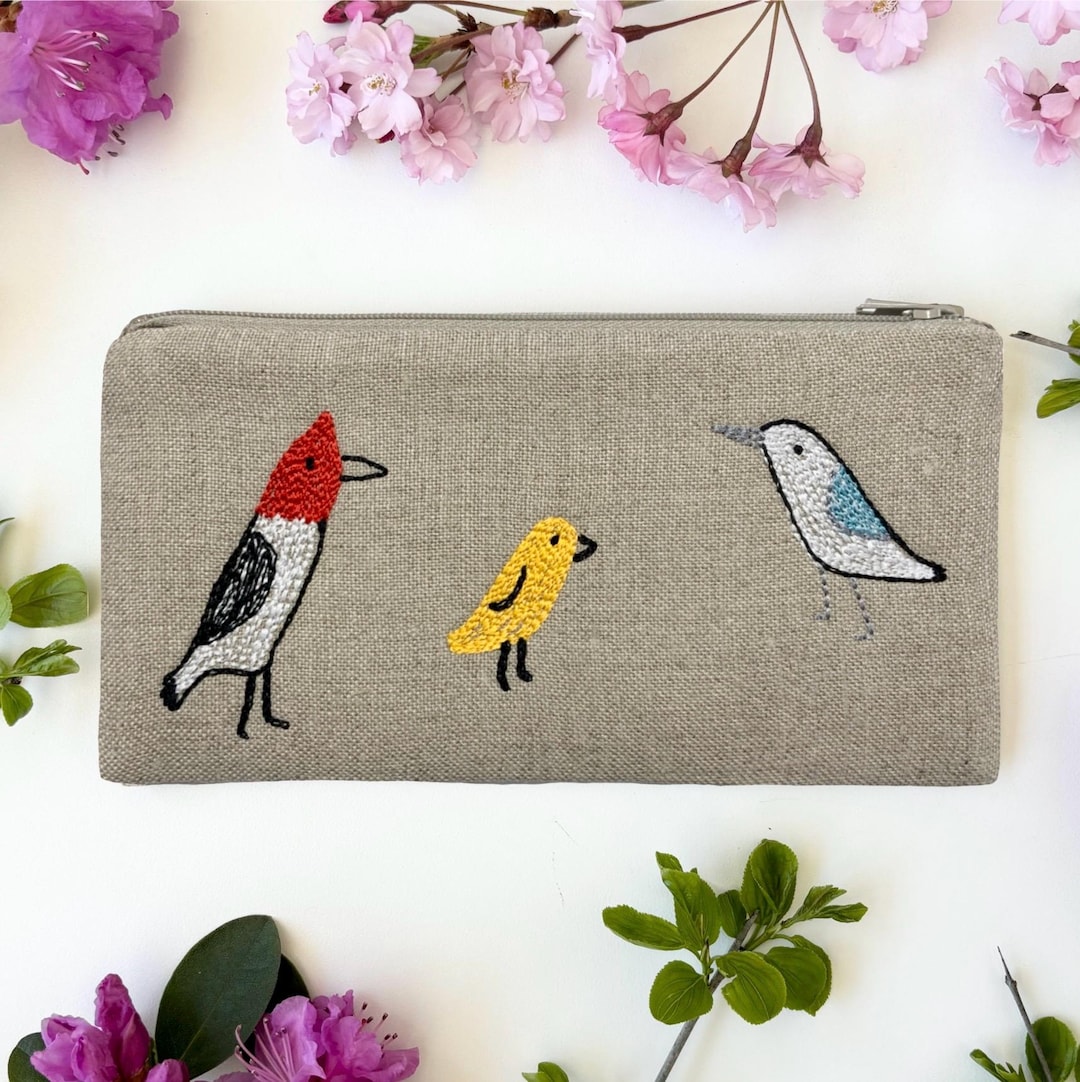 Birds Small Zipper Pouch, Embroidered Linen, Colorful, Birder Gift ...