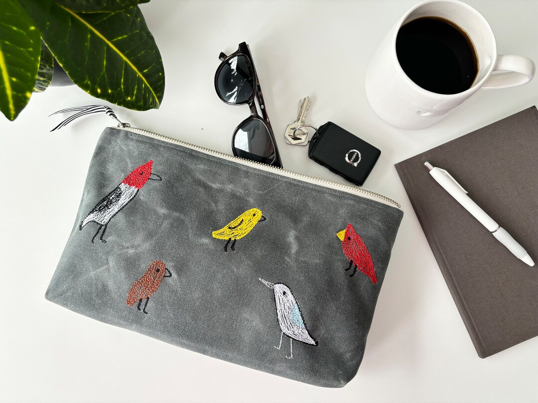 Birds Pouch, Embroidered Waxed Canvas Zipper Pouch, Birder Gift ...