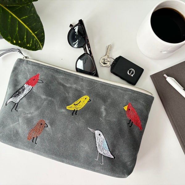 Birds Zipper Pouch, Embroidered Linen, Multicolor, Birder Gift ...