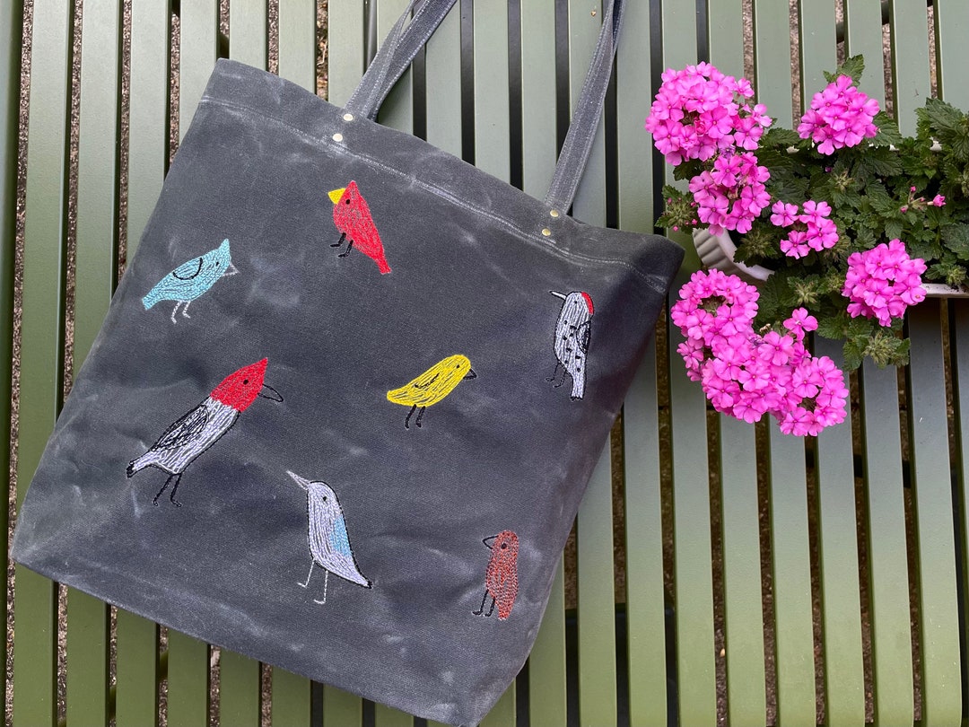 Bird Tote, Colorful Waxed Canvas Embroidered Bird Tote, Birder Gift ...