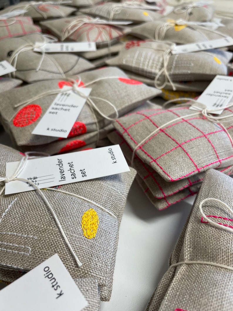 Lavender Sachet Bundle, Grid Design, Embroidered Linen, Neon Pink [free ...