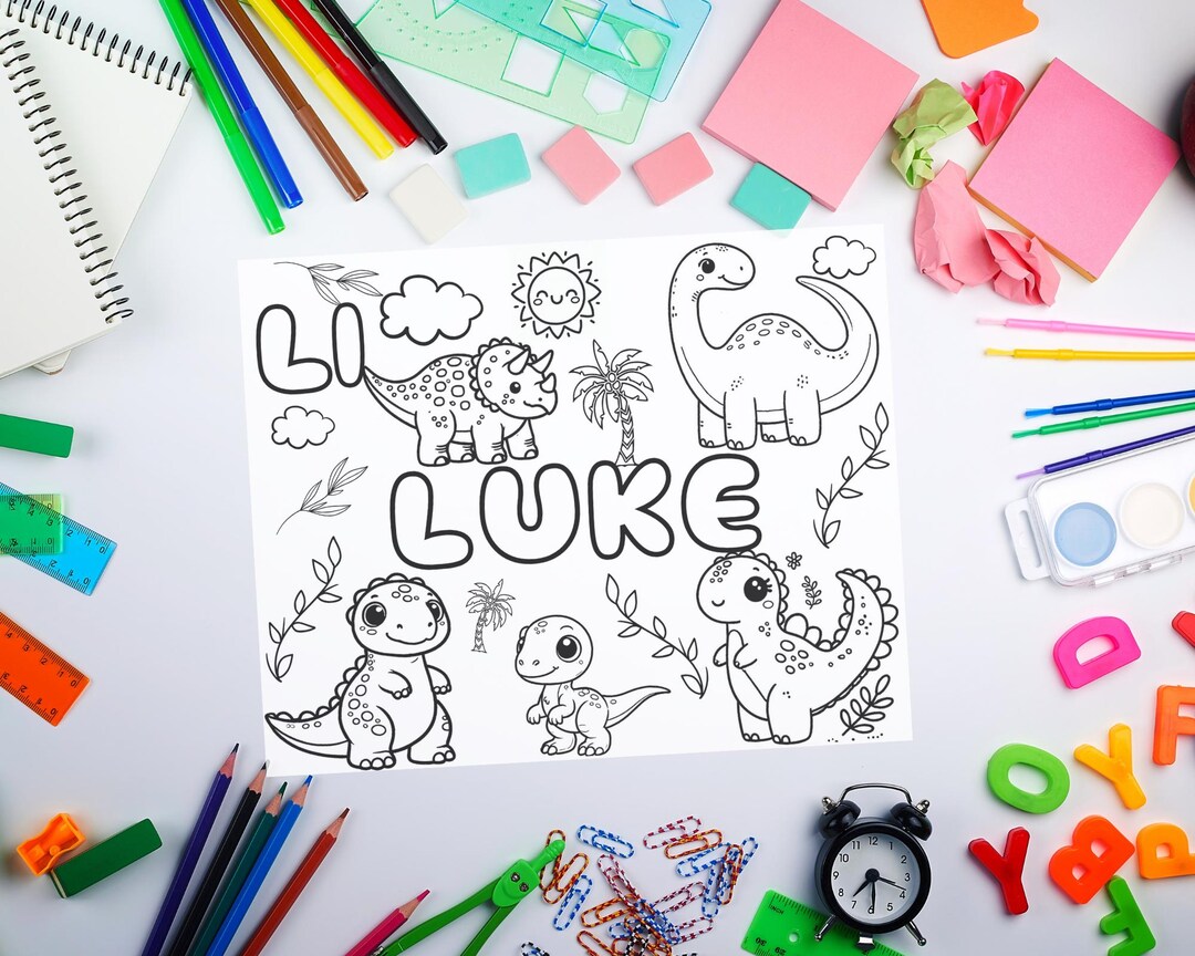 Custom Coloring Name. Page for Kids With Dinosaurs. Digital Printable ...