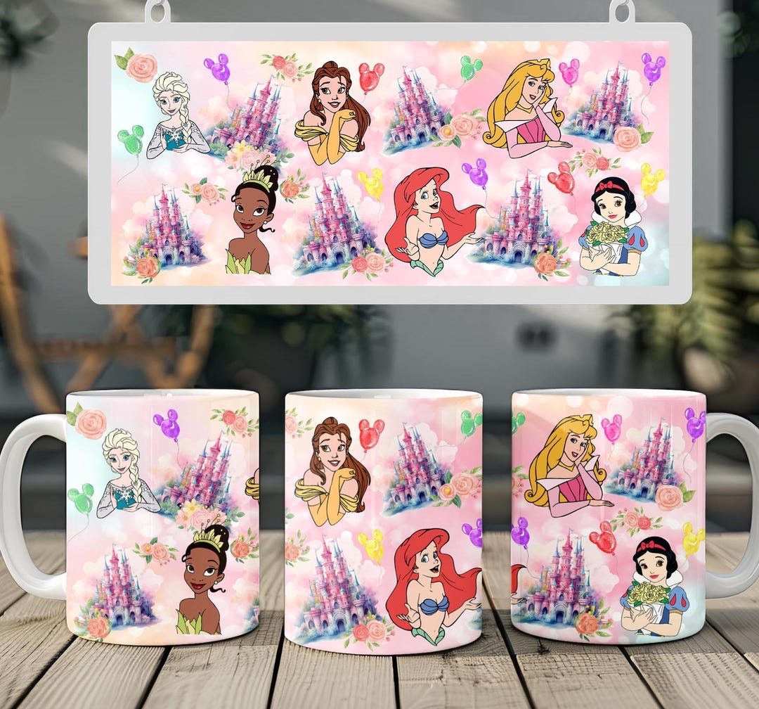 Cartoon Princess Mug Wrap, Cartoon Characters 11oz & 15oz Mug Template ...