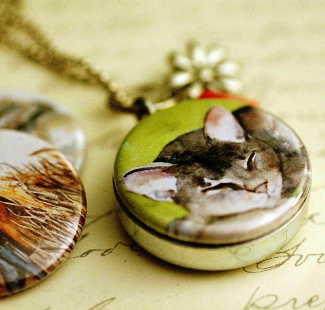Cat Locket Necklace - Beaded Locket, Robin, Elephant, Magnetic Jewelry ...