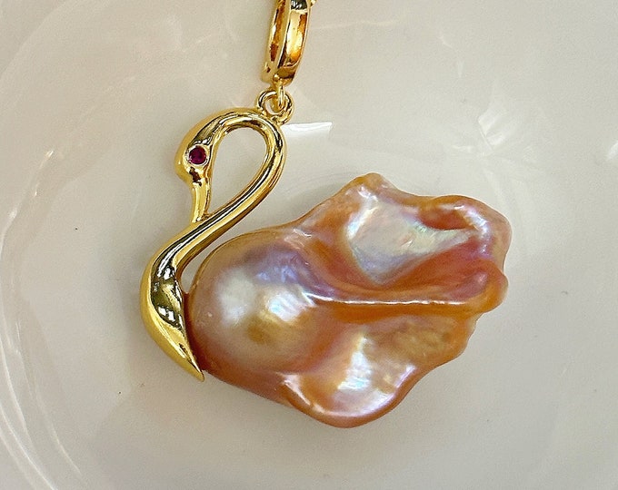 Gold Swan Pearl Necklace, Natural Freshwater Pearl Pendant, Baroque ...
