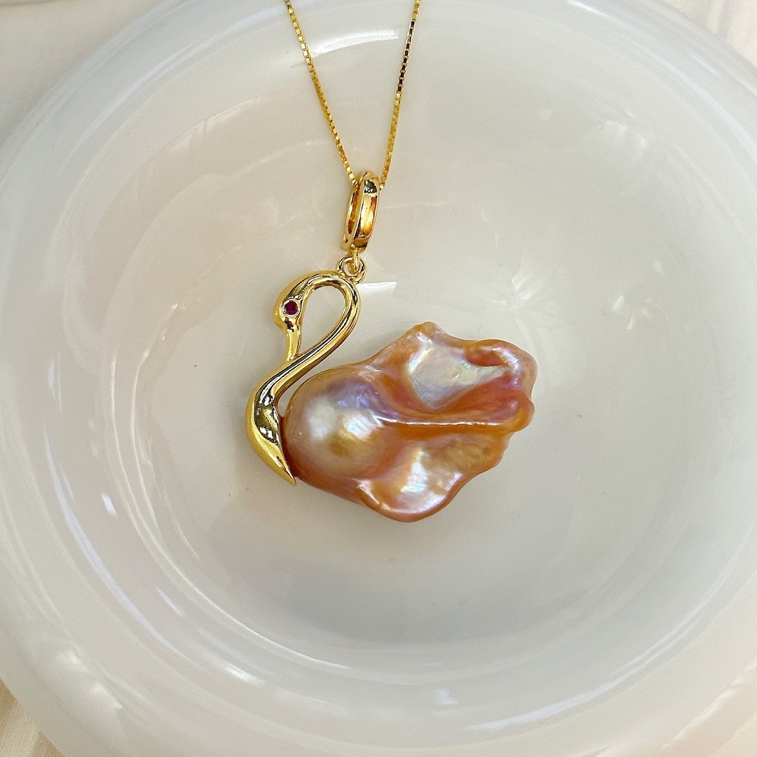 Gold Swan Pearl Necklace, Natural Freshwater Pearl Pendant, Baroque ...