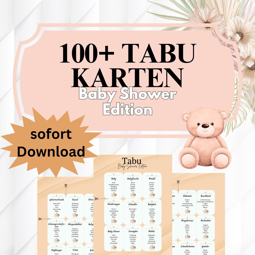 100 Baby Shower Taboo Game Boho Teddy Bear Baby Shower Party Gender ...