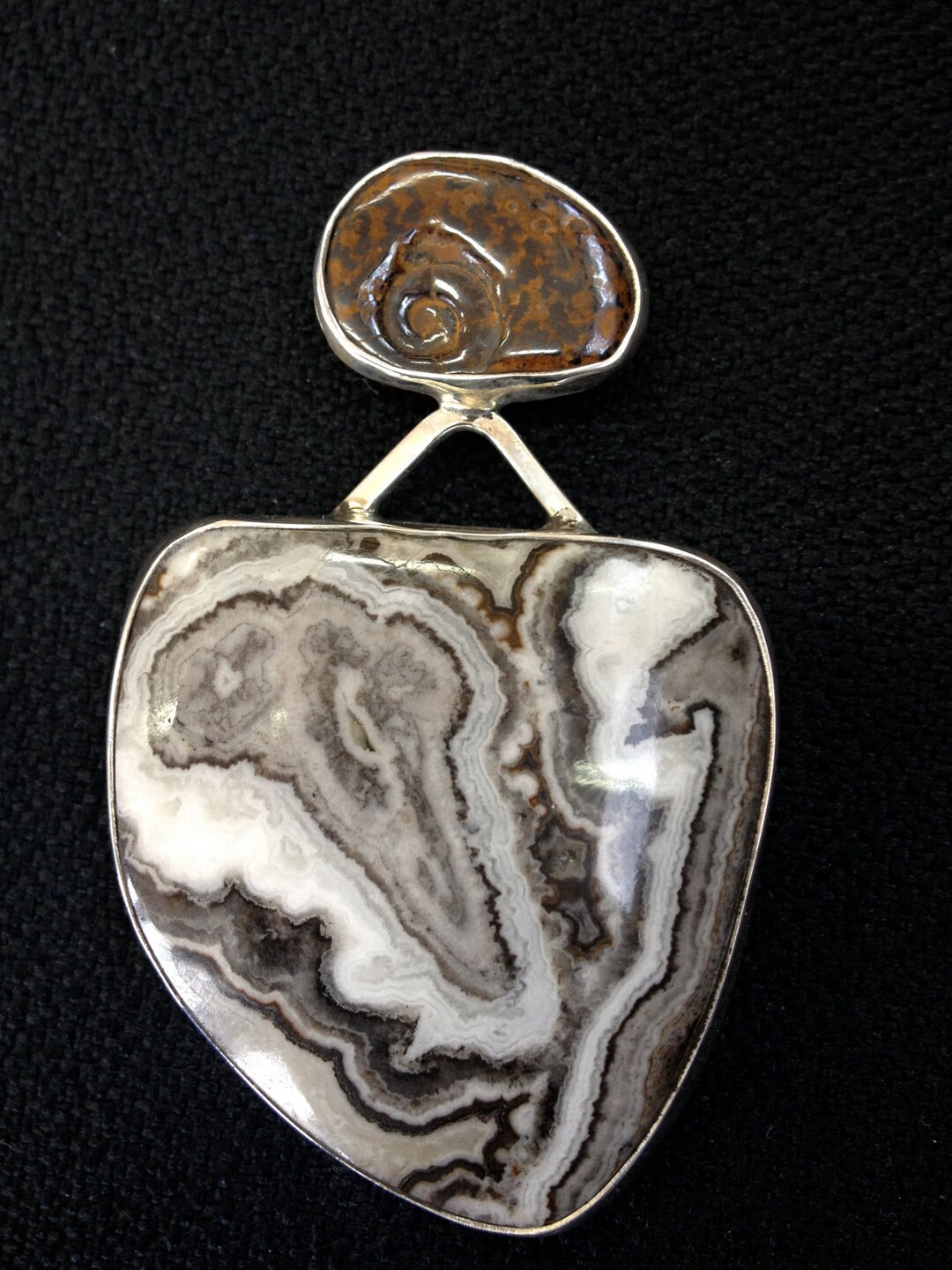 Silver Lace Onyx and Fossil Ammonite Pendant - Solid Sterling Setting ...