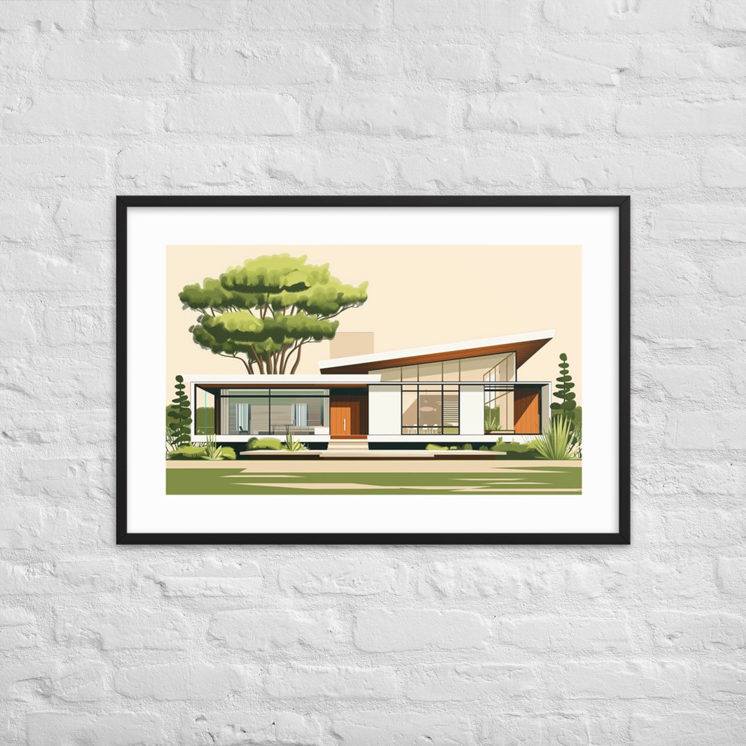 Mid-century House Illustration | Modern Architecture Poster | Framed ...