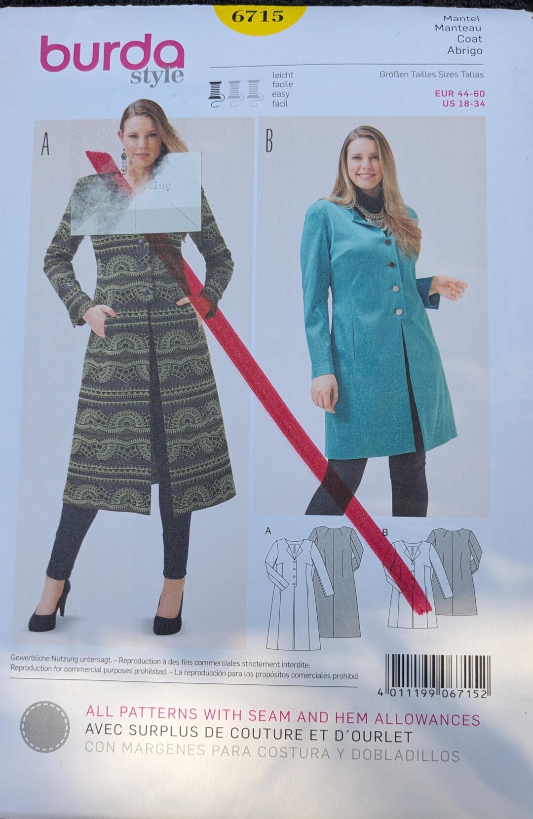 Burda Style Misses Long Coat Pattern 6715 Plus Size - Etsy