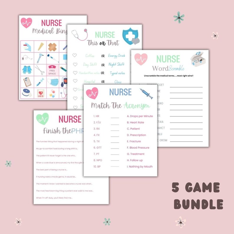 5 Printable Colorful Nurse Theme Party Games Nurse Graduation Game ...