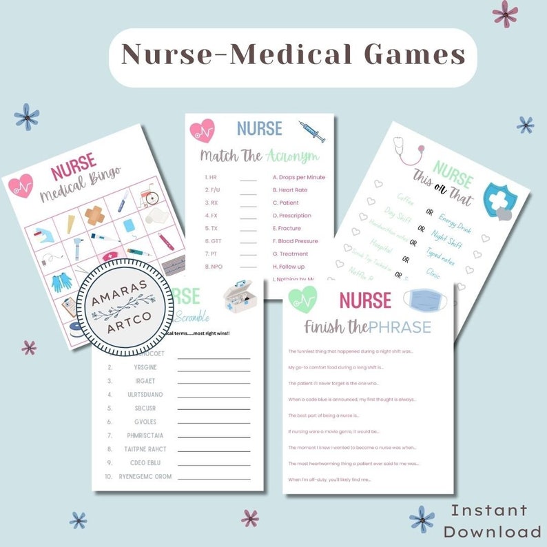 5 Printable Colorful Nurse Theme Party Games Nurse Graduation Game ...