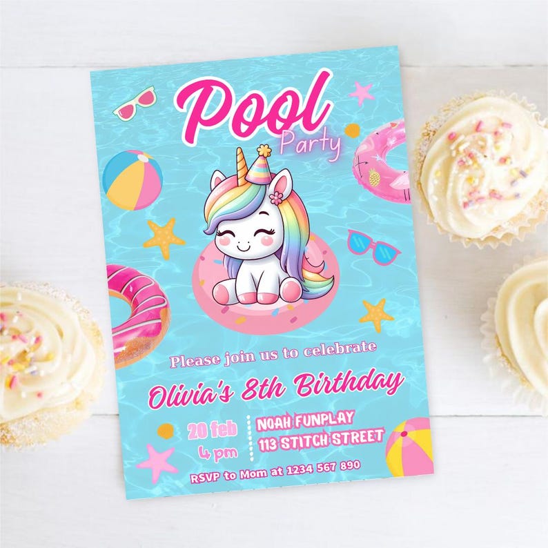 Rainbow Unicorn Pool Party Invitation Girl Pool Party Unicorn ...