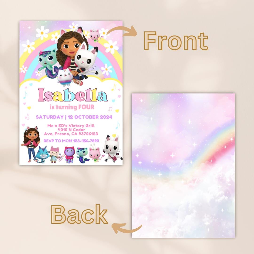 Editable Gabby's Dollhouse Invitation Girl Gabbys Dollhouse Invite Cat ...