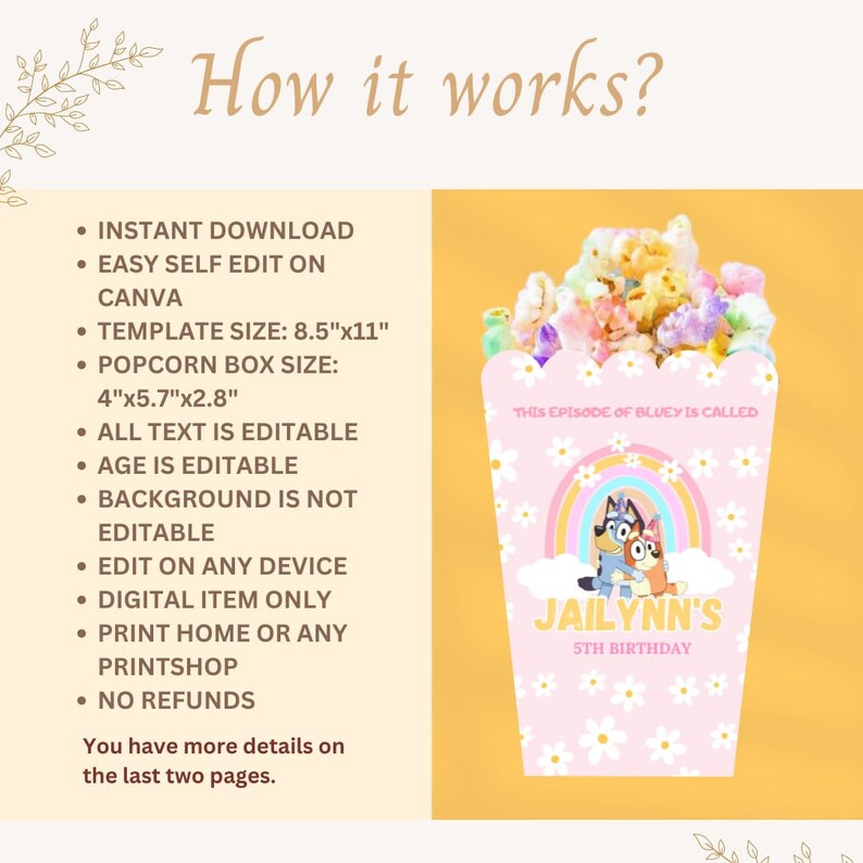 Editable Bluey Popcorn Box for Girl Blue Popcorn Favor Bag Girl Bluey ...