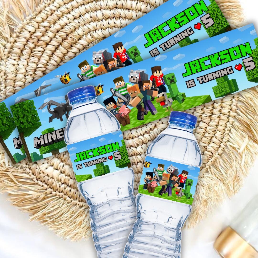 Minecraft Bottle Wrapper Boy Steve and Alex Water Bottle Label Birthday ...
