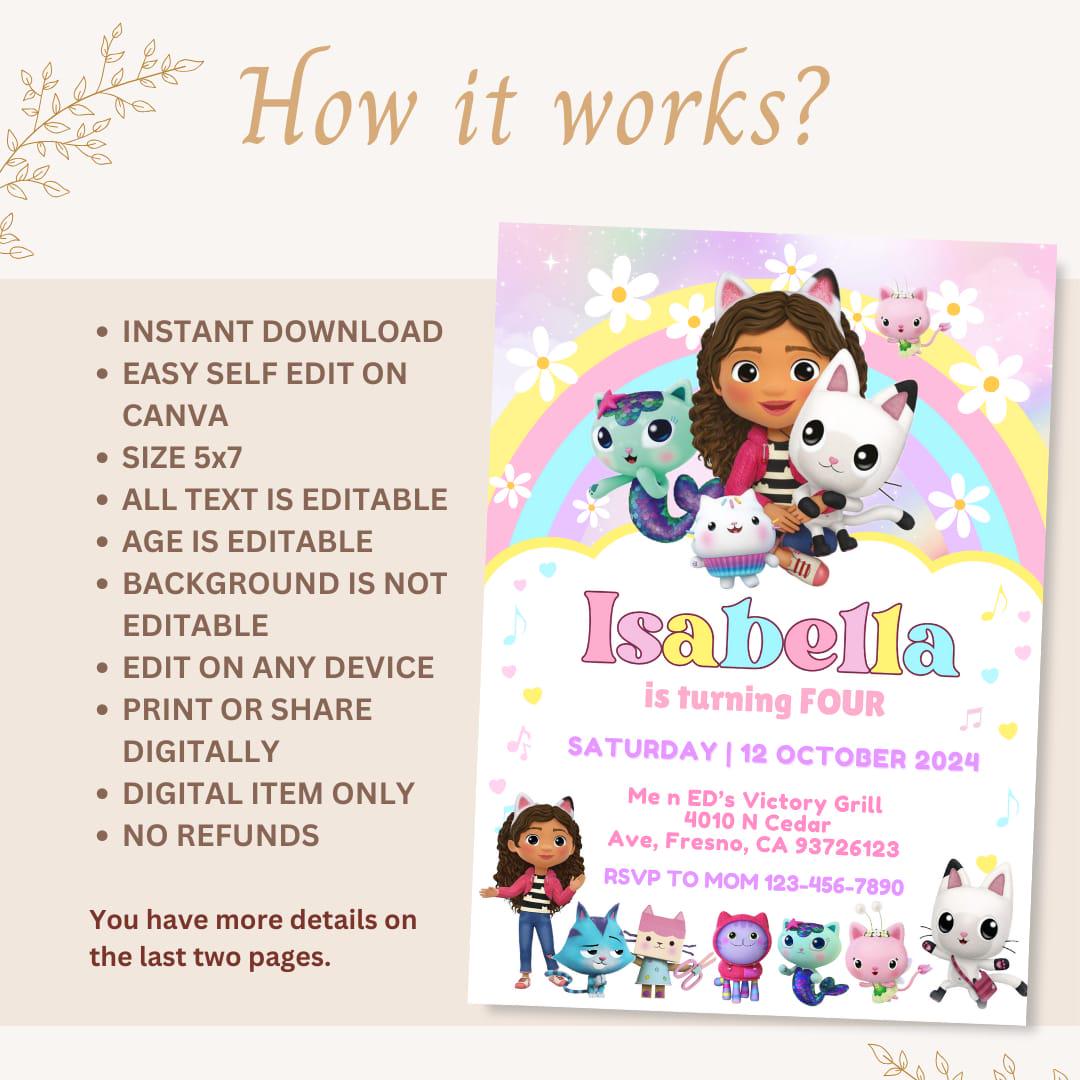 Editable Gabby's Dollhouse Invitation Girl Gabbys Dollhouse Invite Cat ...