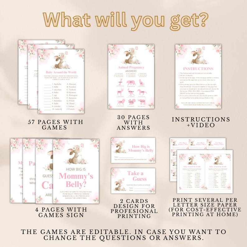 Editable Cute Bunny Baby Shower Game Package Girl Some Bunny is on the ...