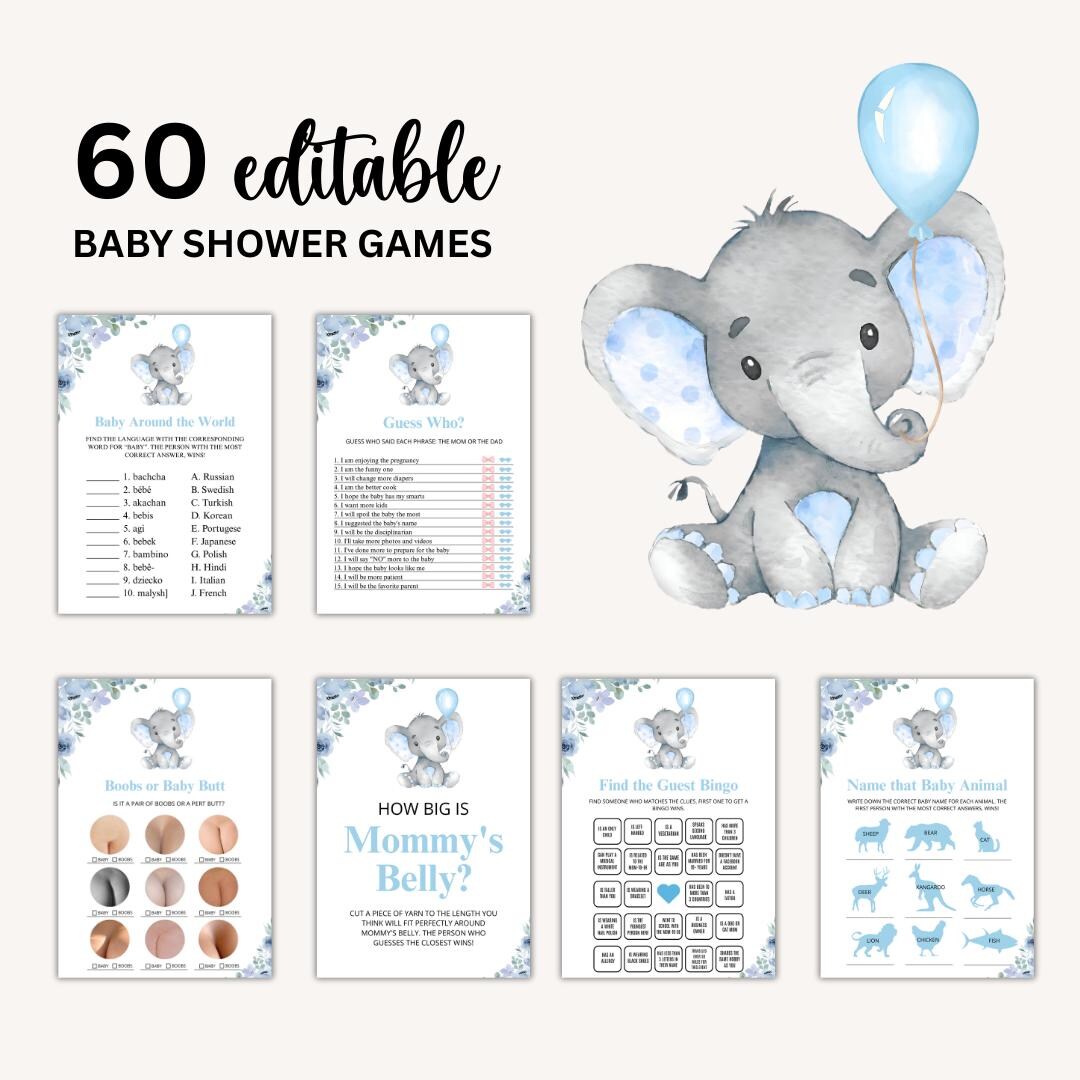 Editable Elephant Baby Shower Game Package Blue Elephant With Balloons ...