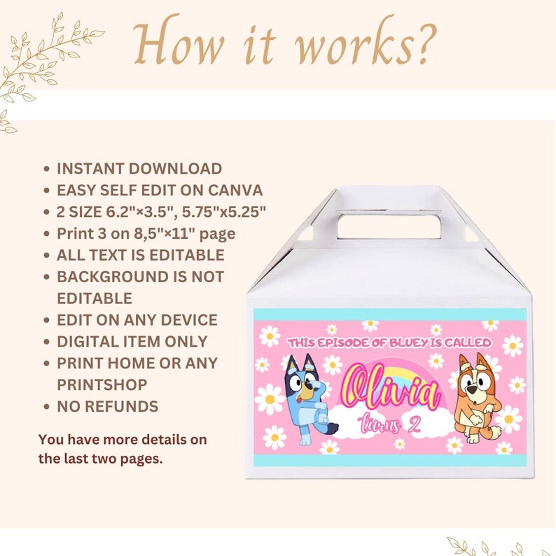 Editable Bluey Gable Box Favor Label for Girl Bluey Party Favor Box ...