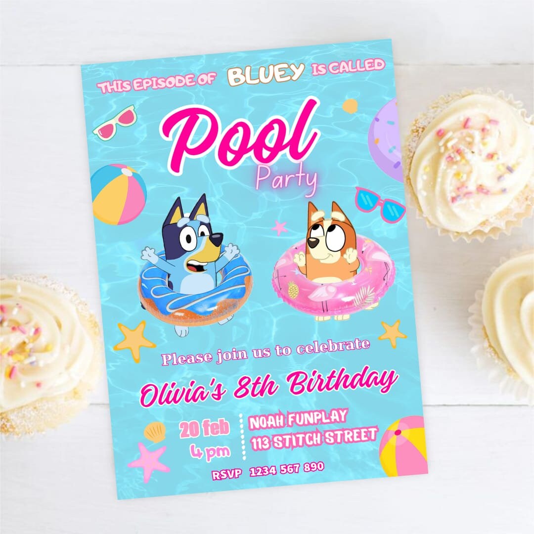 Bluey Pool Party Birthday Invitation Girl Dog Invite for Girl Party ...