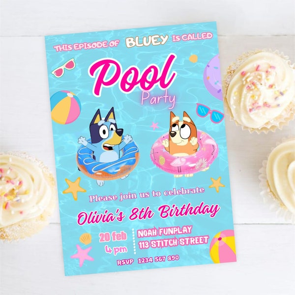 Bluey Pool Party Birthday Invitation Girl Dog Invite for Girl - Etsy UK