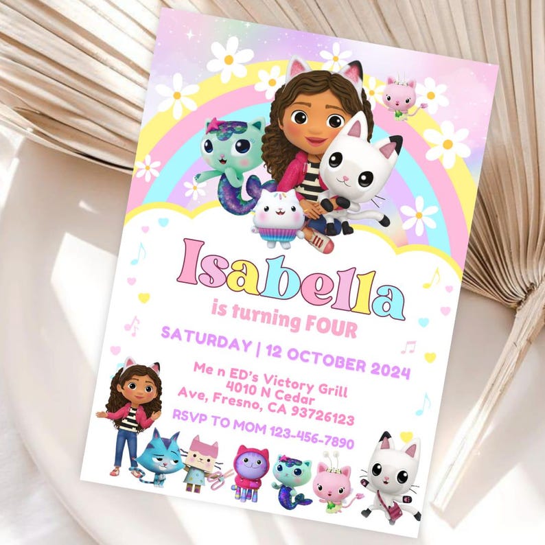 Editable Gabby's Dollhouse Invitation Girl Gabbys Dollhouse Invite Cat ...