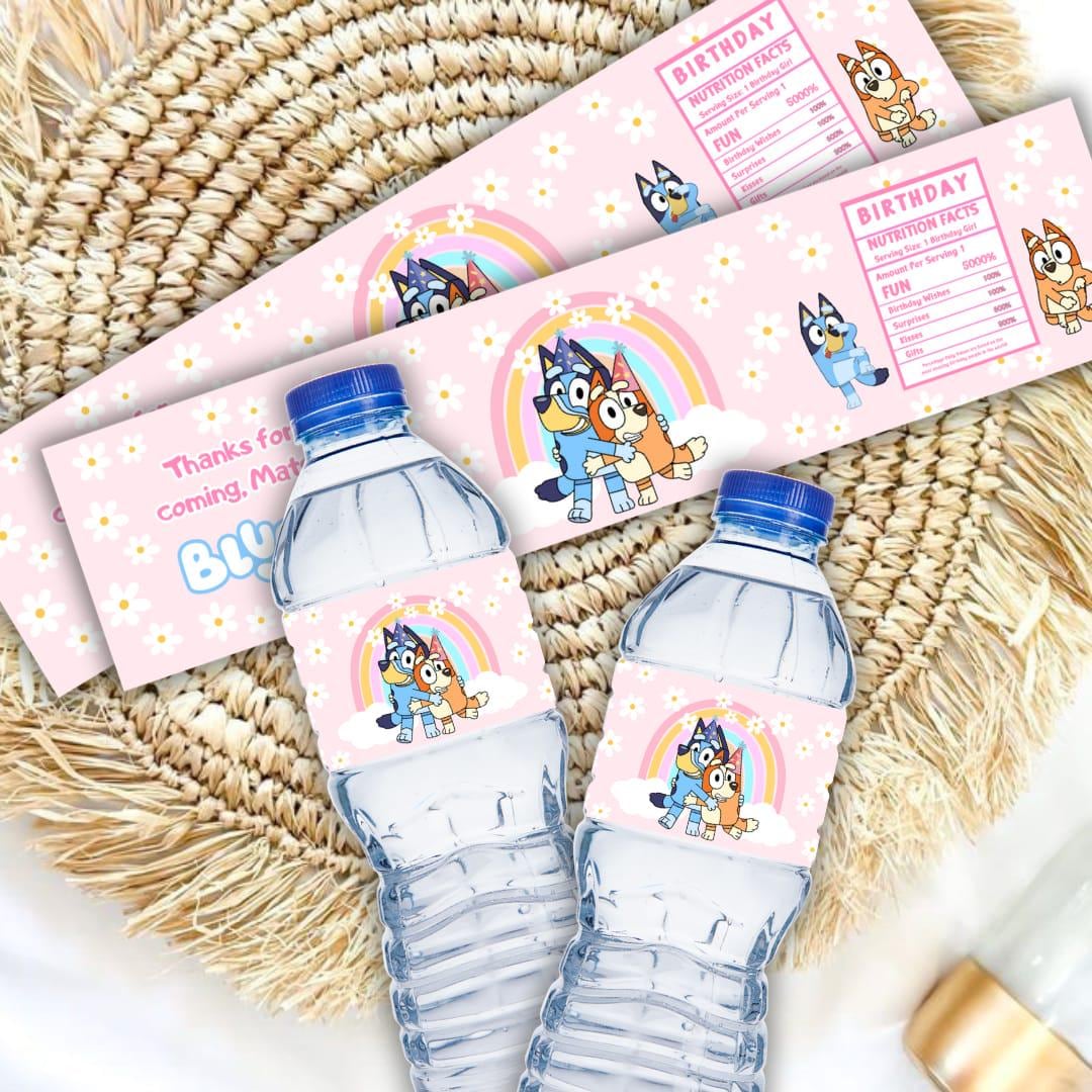 Bluey Bottle Wrapper Girl Bluey and Bingon Water Bottle Label Blue Dog ...