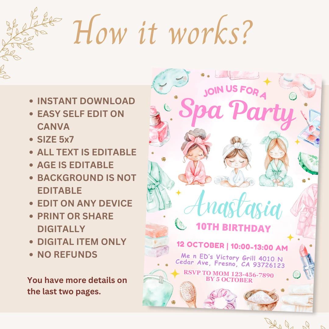 Editable SPA Birthday Invitation Template Pamper Party Birthday Invite ...