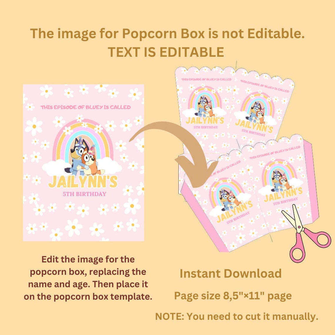 Editable Bluey Popcorn Box for Girl Blue Popcorn Favor Bag Girl Bluey ...