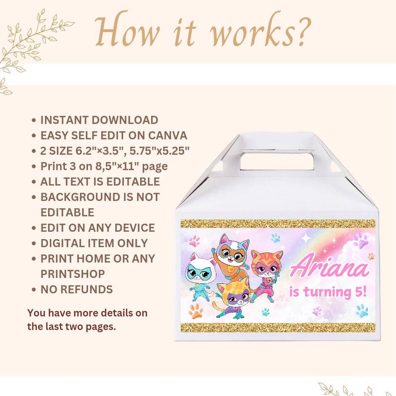 Editable Super Kitties Gable Box Favor Label for Girl Super Kitties ...