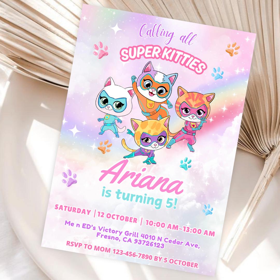 Plantilla de invitación de cumpleaños de Super Kitties para niñas ...