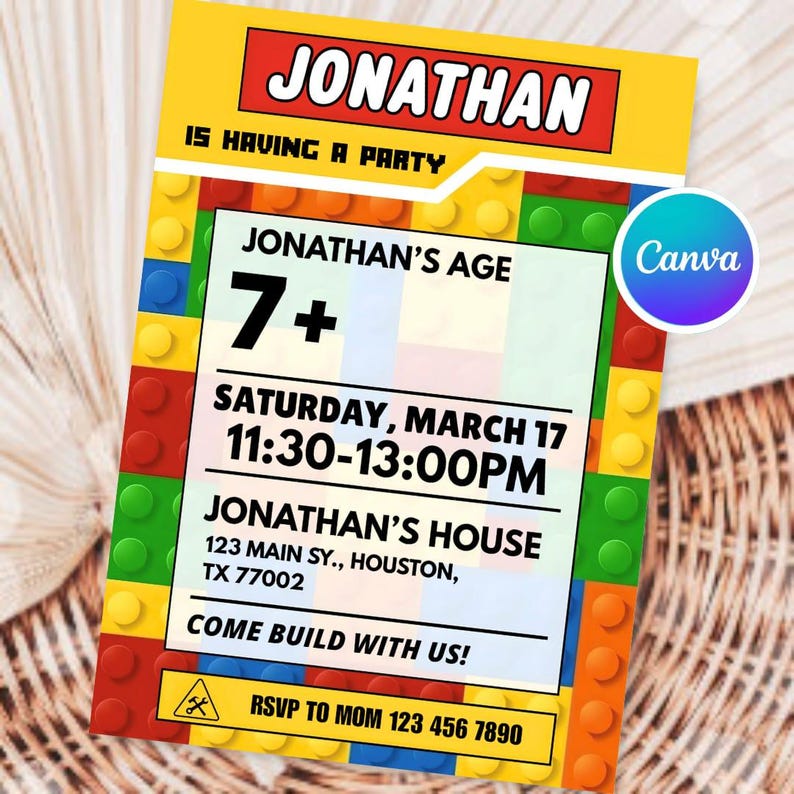 Editable Building Blocks Birthday Invitation Building Bricks Kids ...