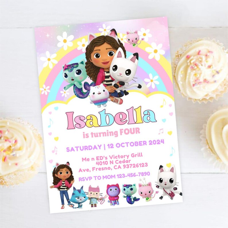 Editable Gabby's Dollhouse Invitation Girl Gabbys Dollhouse Invite Cat ...