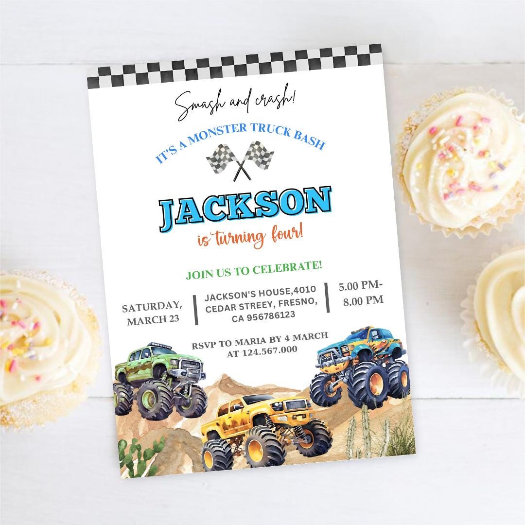 Monster Truck Birthday Invitation Boy Cars Truck Templete Invite Any ...