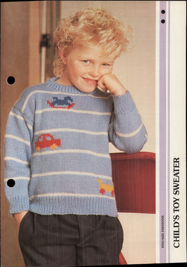 Boy's Striped Intarsia Sweater - Train Car & Rocking Horse Motifs ...