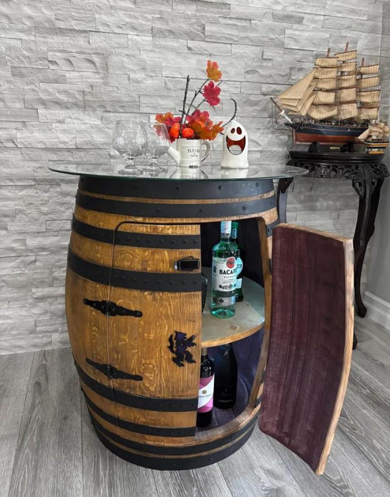 Whiskey Barrel Table Bar Rotating Glass Top Handcrafted Authentic From ...