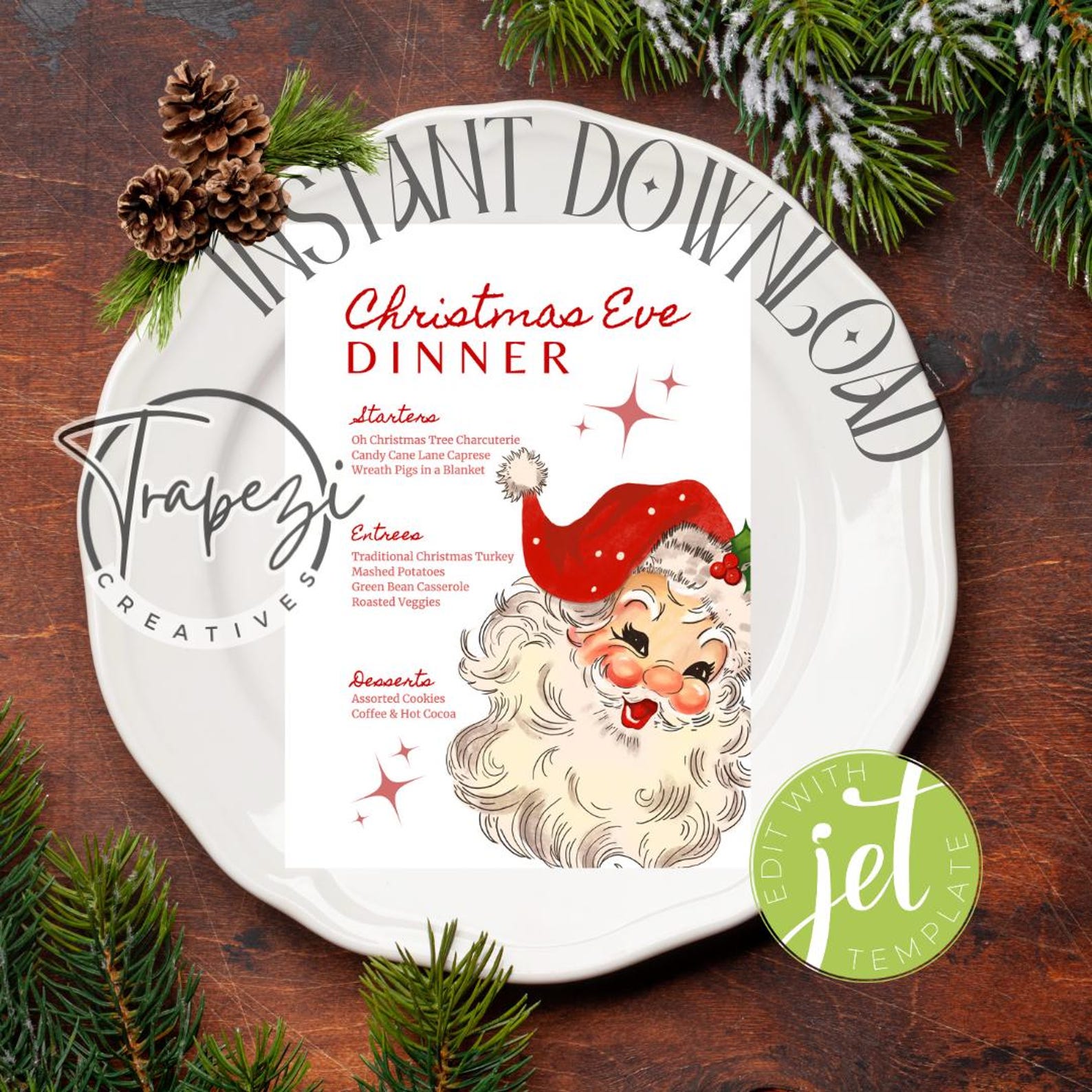 Christmas Eve Menu Template Printable Menu 2 Sizes Santa Claus ...
