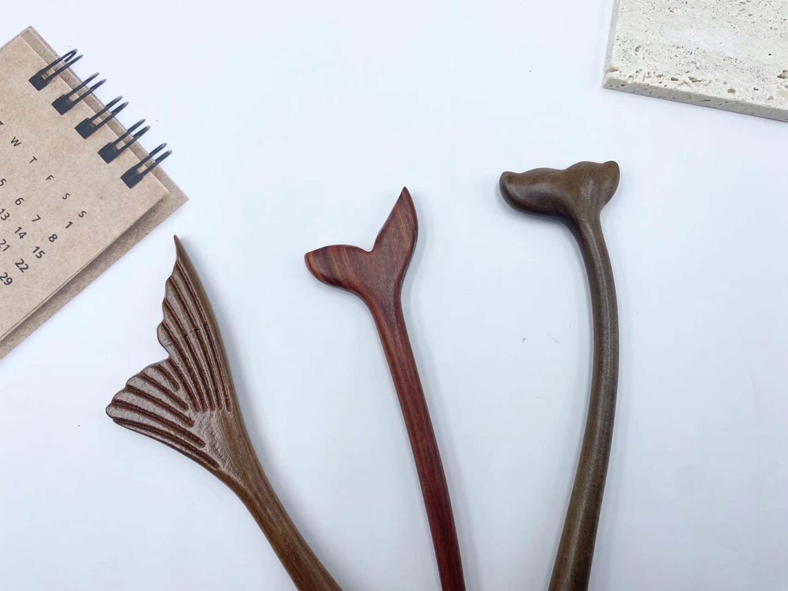 2pcs Unique Fish Wood Hair Stick, Cute Mini Wooden Fishtail Hairpin ...