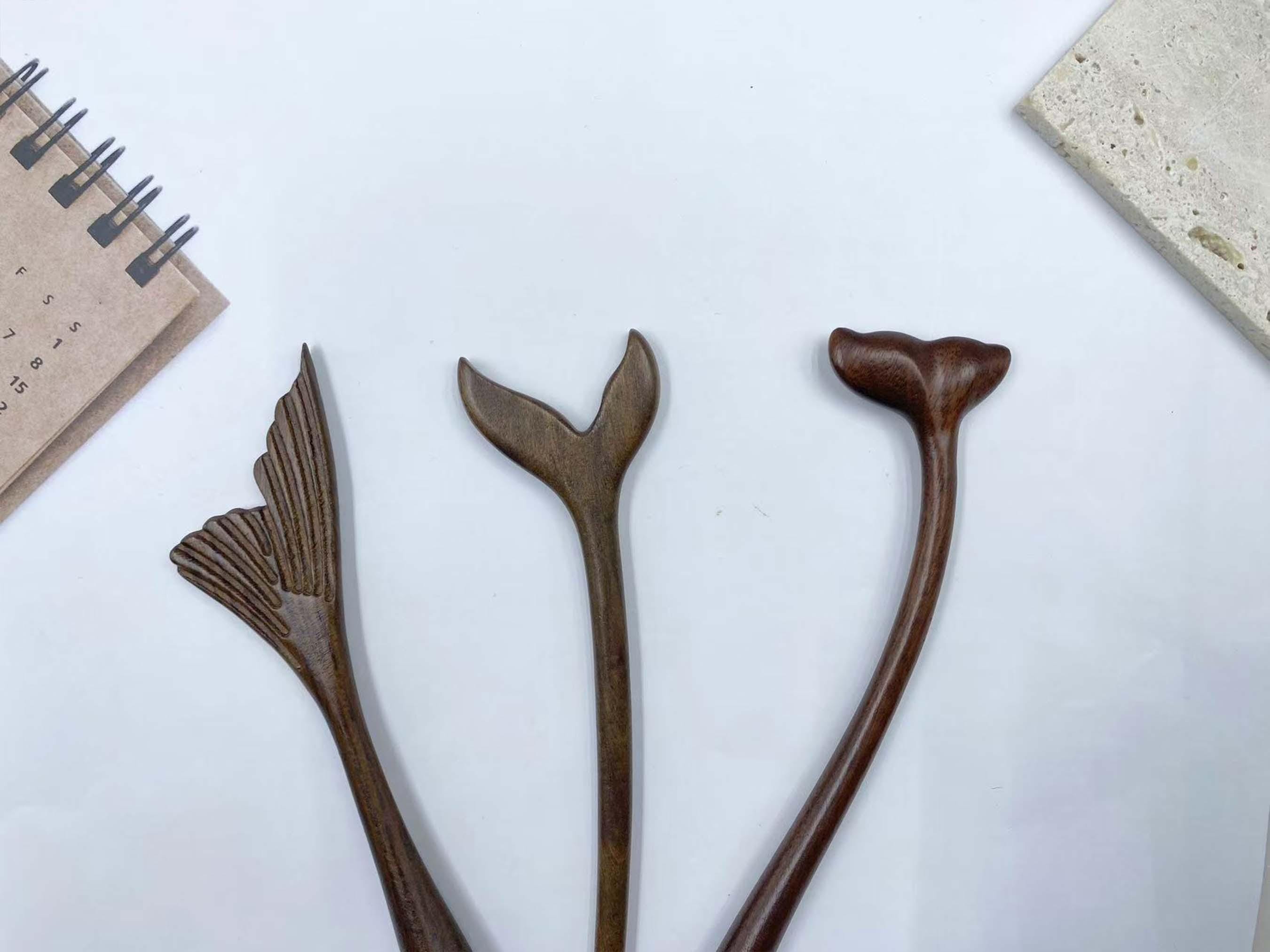 2pcs Unique Fish Wood Hair Stick, Cute Mini Wooden Fishtail Hairpin ...