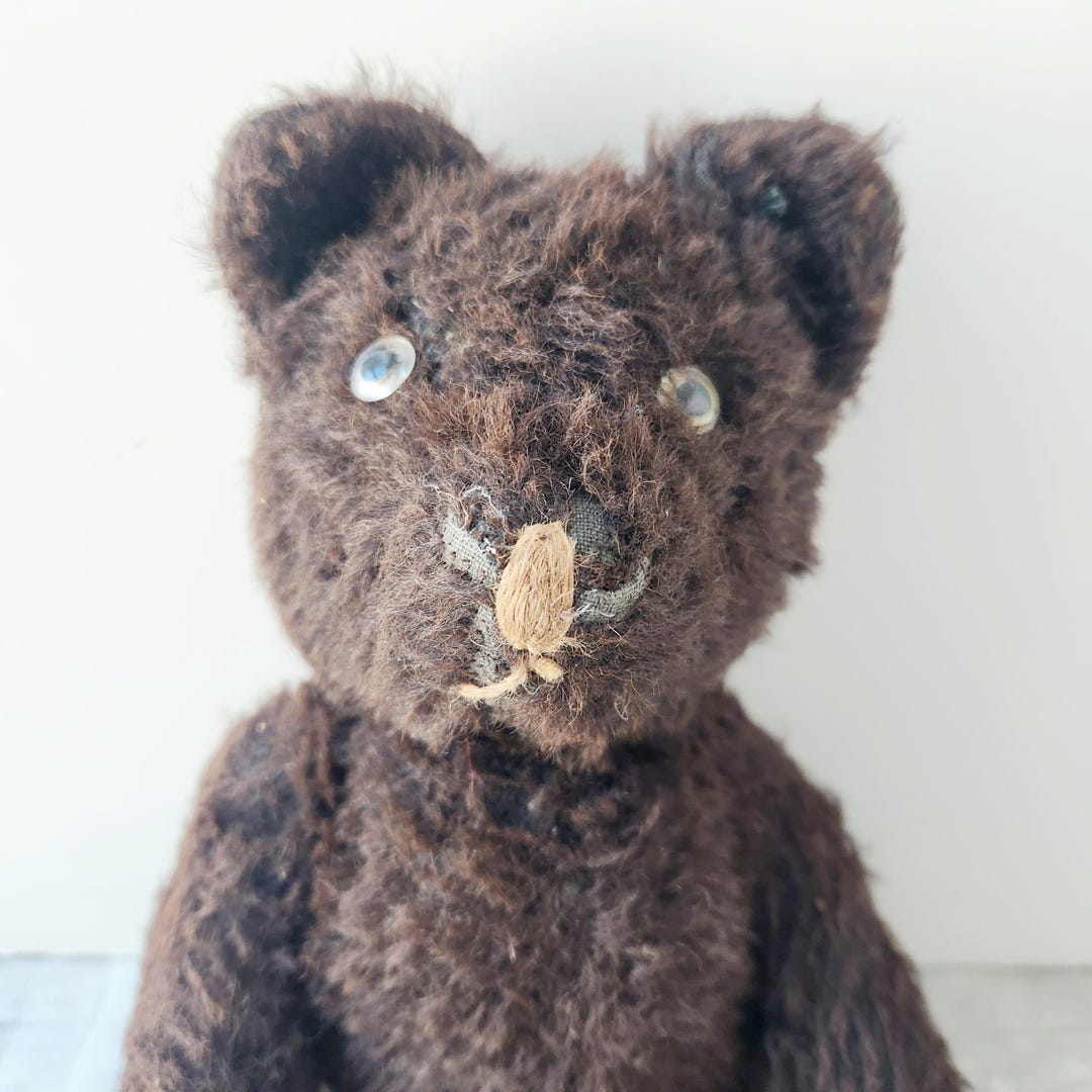 Vintage Teddy Bear / Dark Brown Antique Stuffed Bear / Glass Eyes ...