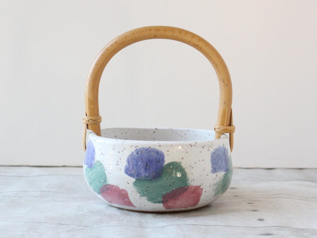 Vintage Stoneware Basket With Bamboo Handle / Small Blue Green Mauve ...
