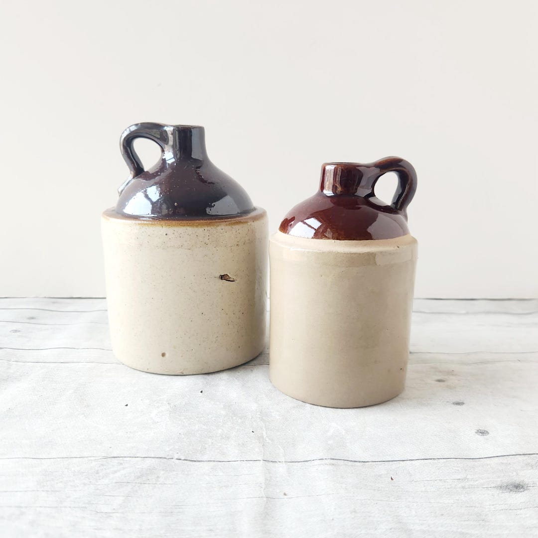 Vintage Brown Stoneware Jugs Set of 2 / Mini Rustic Crocks / Farmhouse ...