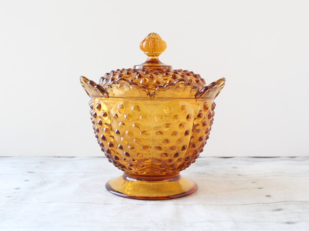 Vintage Fenton Hobnail Covered Dish / Amber Light Brown Glass Candy ...