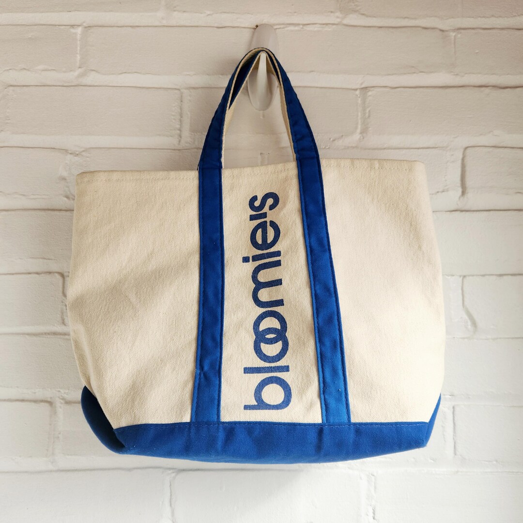 Vintage Bloomies Bloomingdales Small Canvas Tote / Blue off White Cream ...