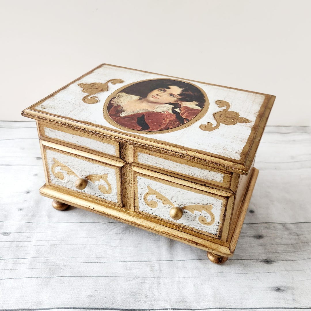 Vintage Florentine Jewelry Box With Music Box / Gold White Footed Wood ...