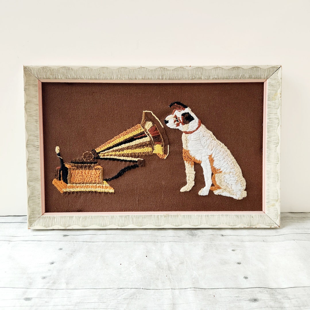 Vintage Nipper RCA Dog Needlepoint / Dog Framed Crewel Brown - Etsy